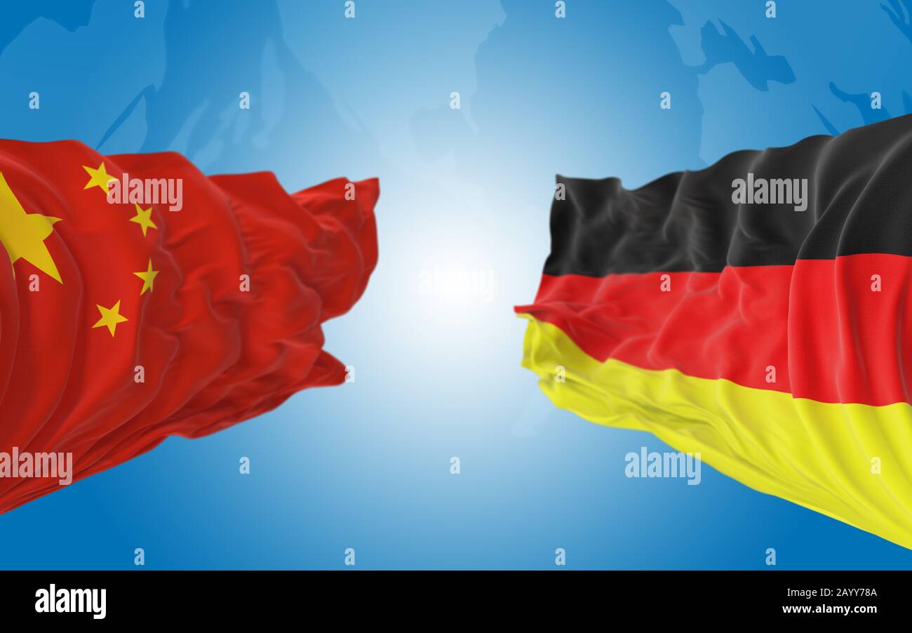 Chinese and German flags are paired together and standing side by side ...