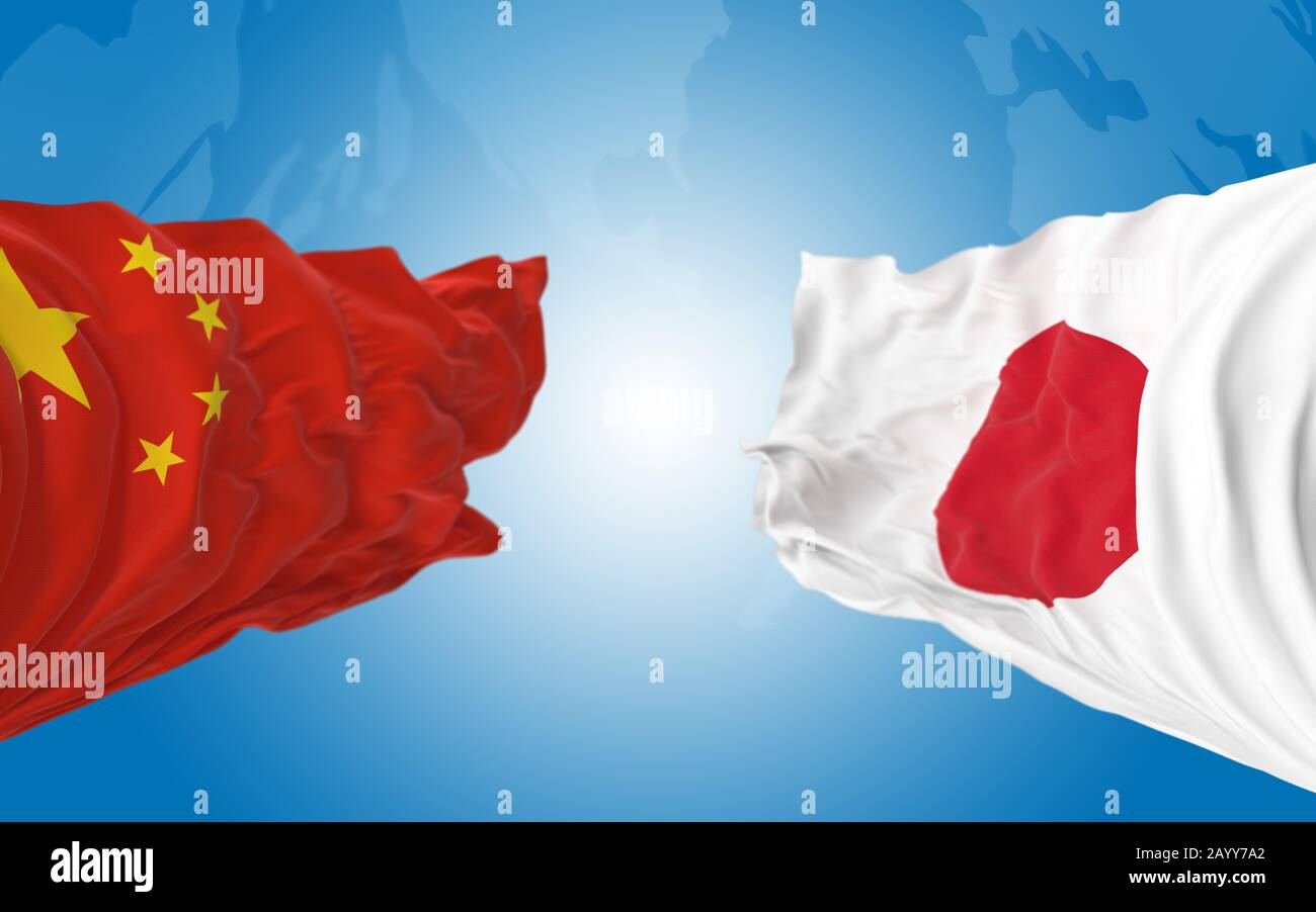 Chinese and Japanese flags are paired together and standing side by ...