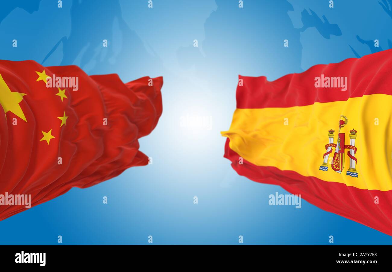 Chinese and Spanish flags are paired together and standing side by side ...