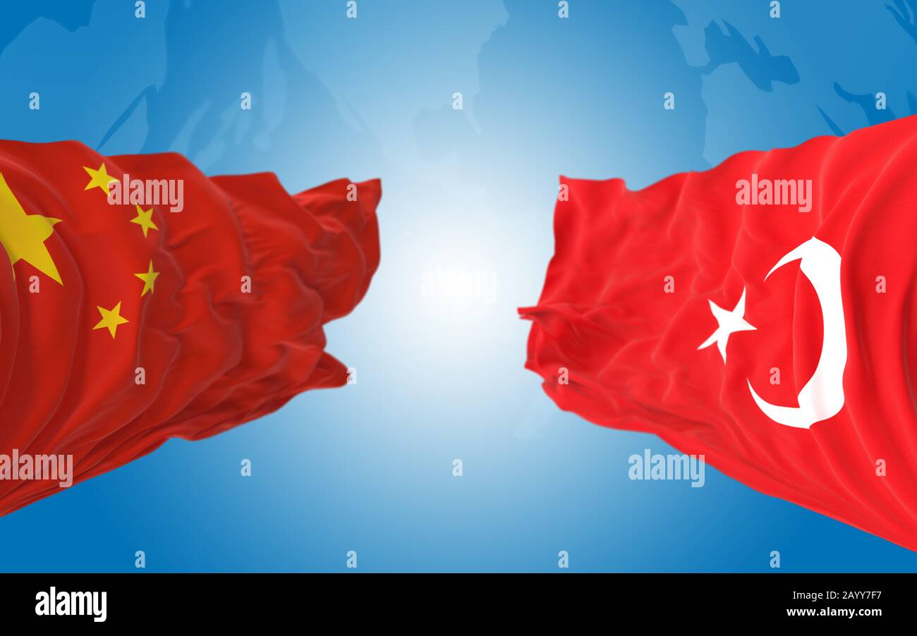 Chinese and Turkish flags are paired together and standing side by side ...