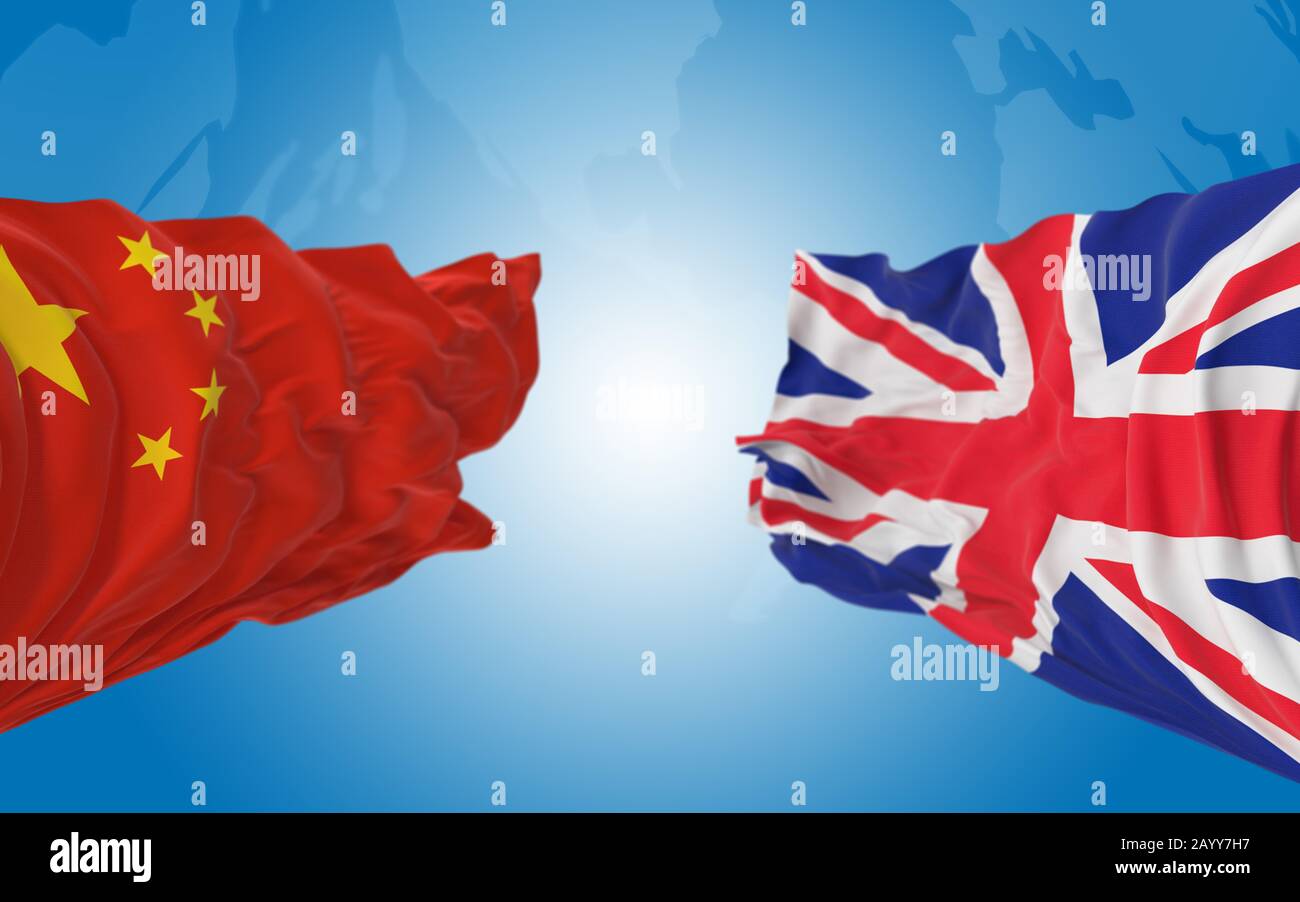 Chinese and UK flags are paired together and standing side by side with ...