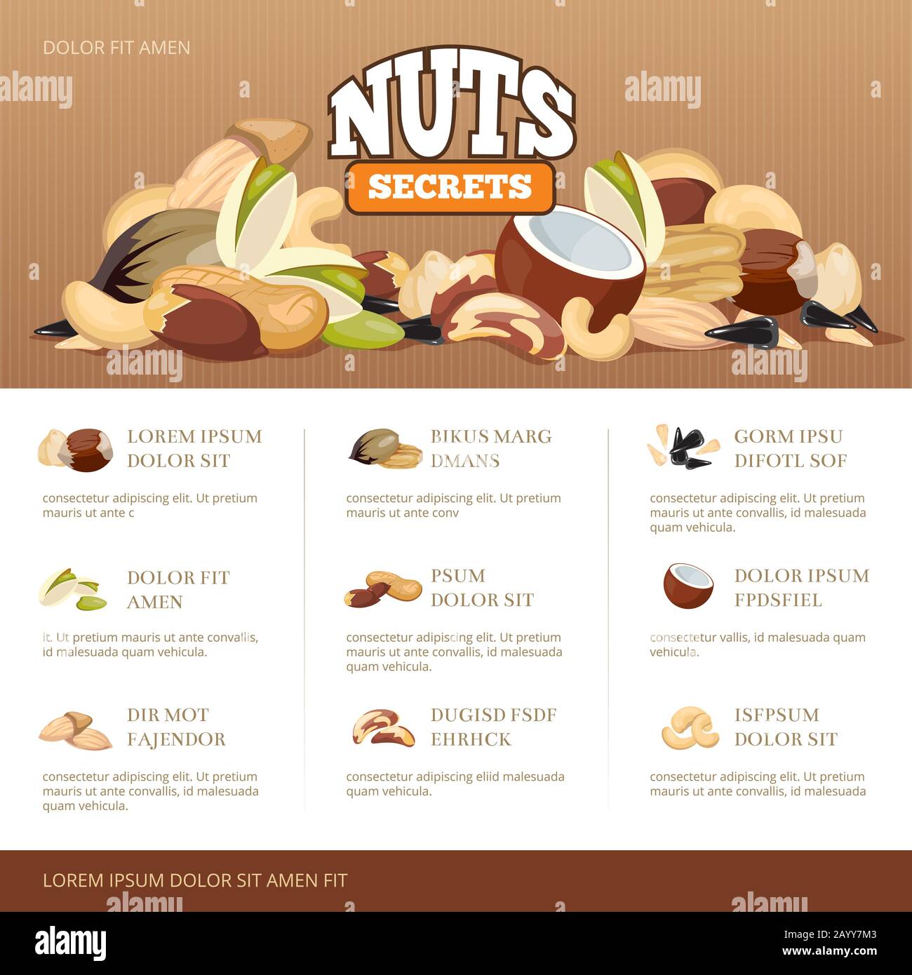Natural raw nuts mix brochure design template. Set of nuts almond ...