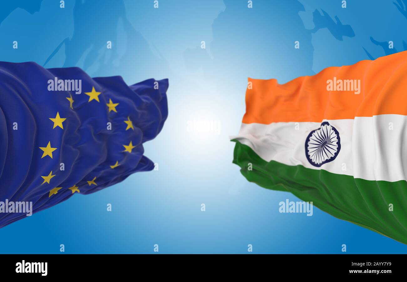 European Union and Indian flags are paired together and standing side ...