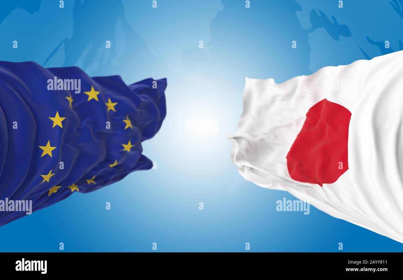 European Union and Japanese flags are paired together and standing side ...
