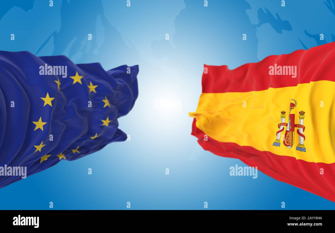 European Union and Spanish flags are paired together and standing side ...