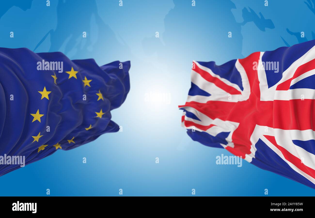European Union and UK flags are paired together and standing side by ...
