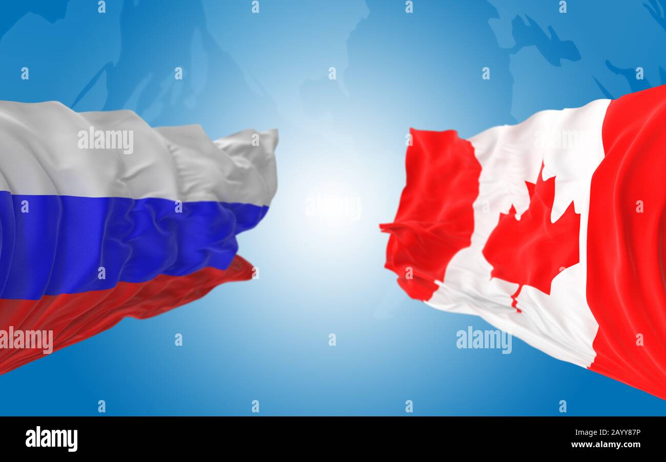 Russian and Canadian flags are paired together and standing side by ...