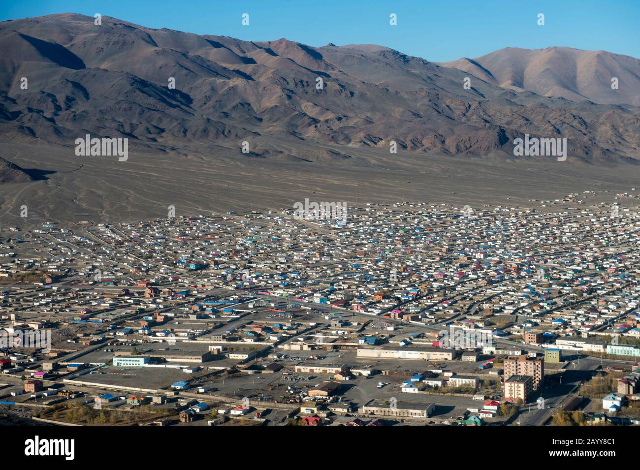 Aerial view of Ulgii on the flight from Ulaanbaatar to Ulgii (Ölgii) in ...