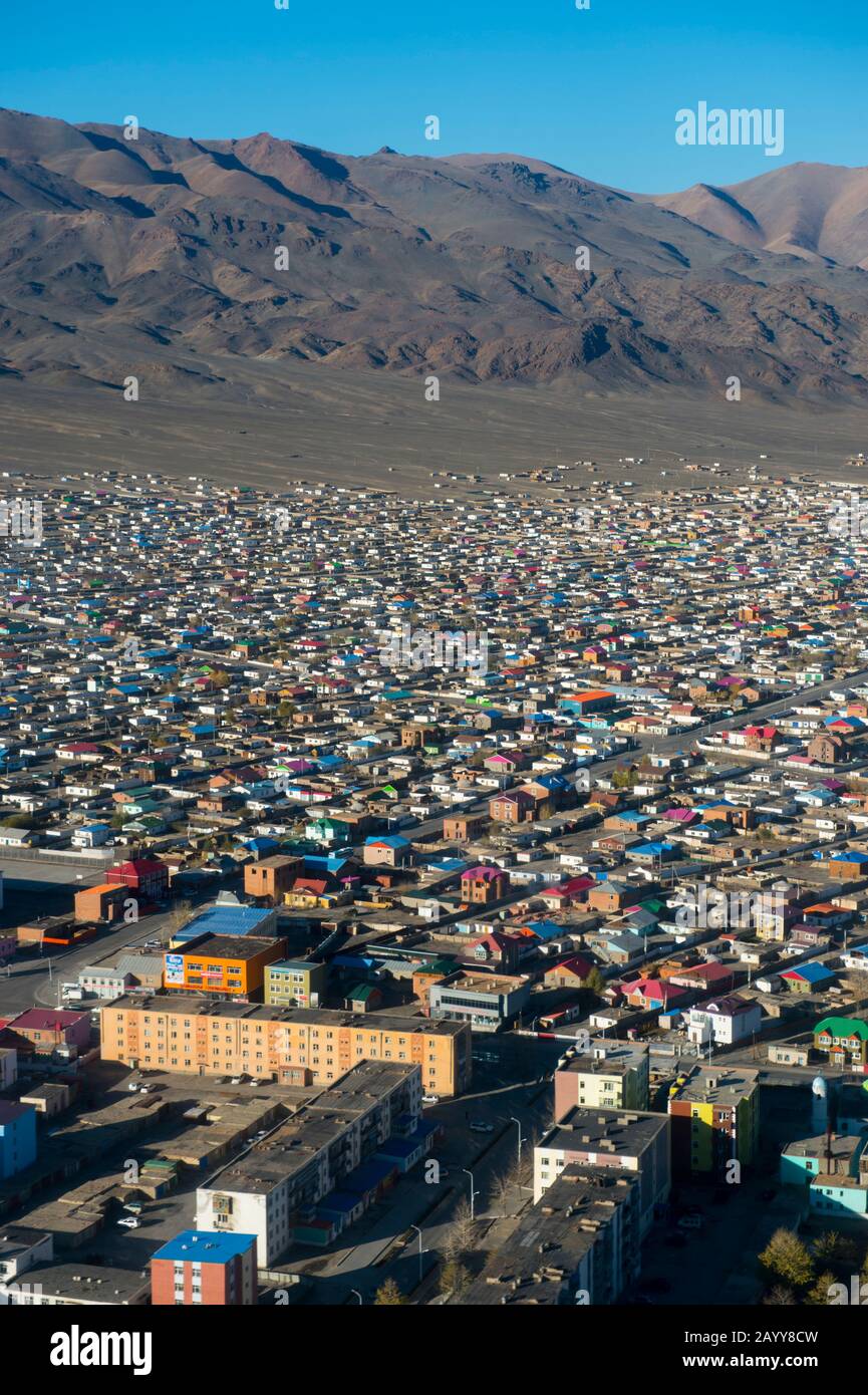 Aerial view of Ulgii on the flight from Ulaanbaatar to Ulgii (Ölgii) in ...