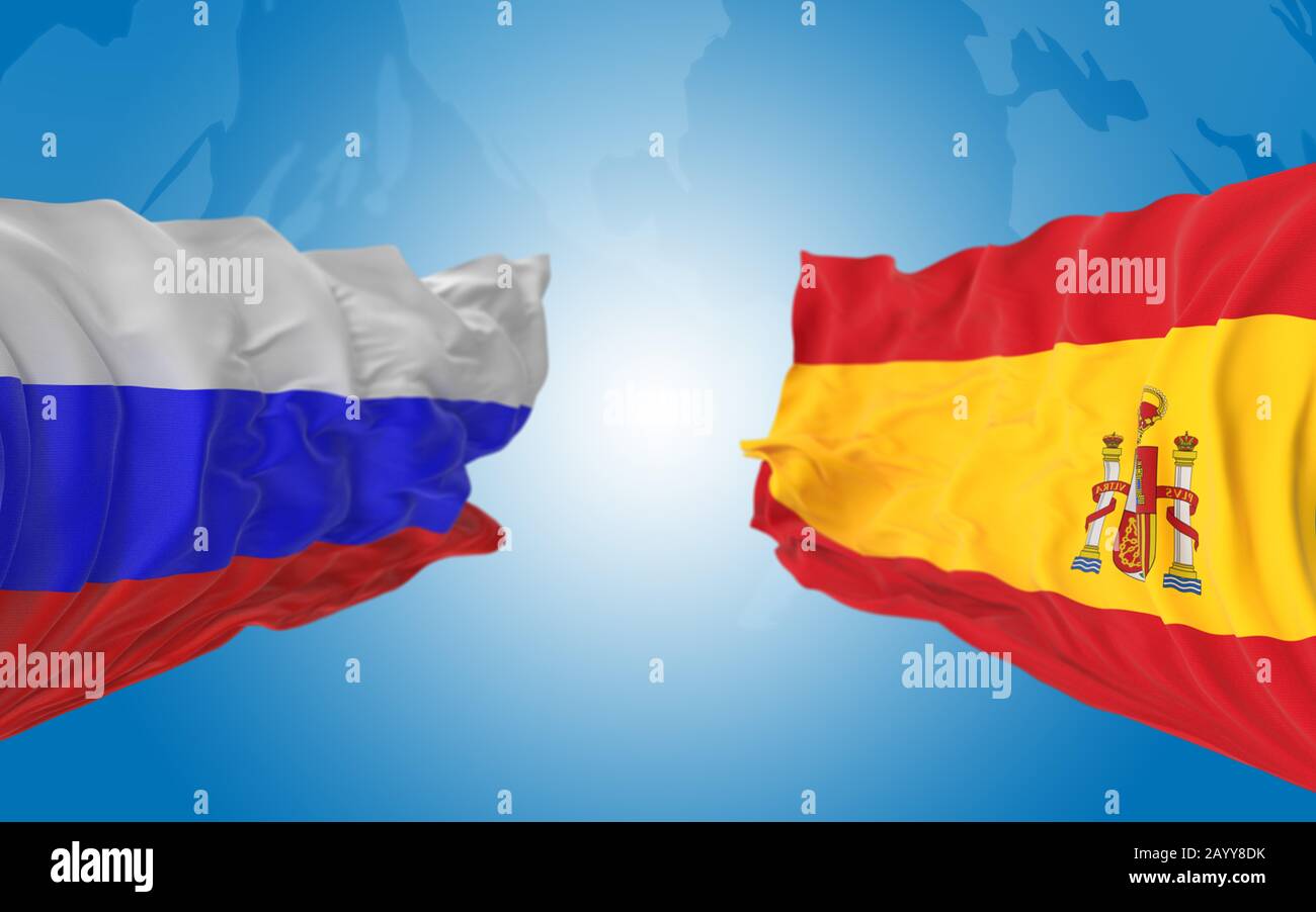 Russian and Spanish flags are paired together and standing side by side ...
