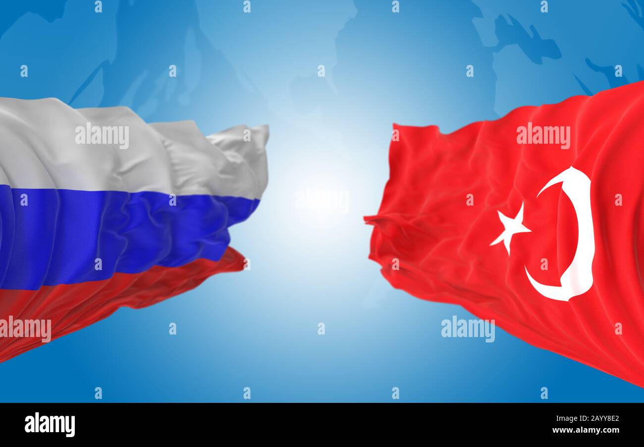 Russian and Turkish flags are paired together and standing side by side ...