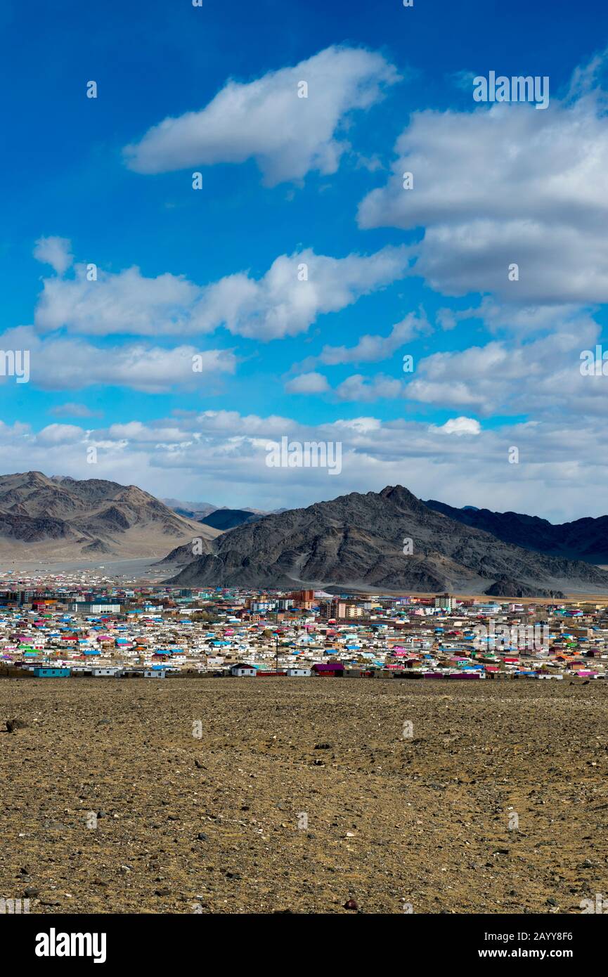 View of the city of Ulgii (Ölgii) in western Mongolia from a hill Stock ...