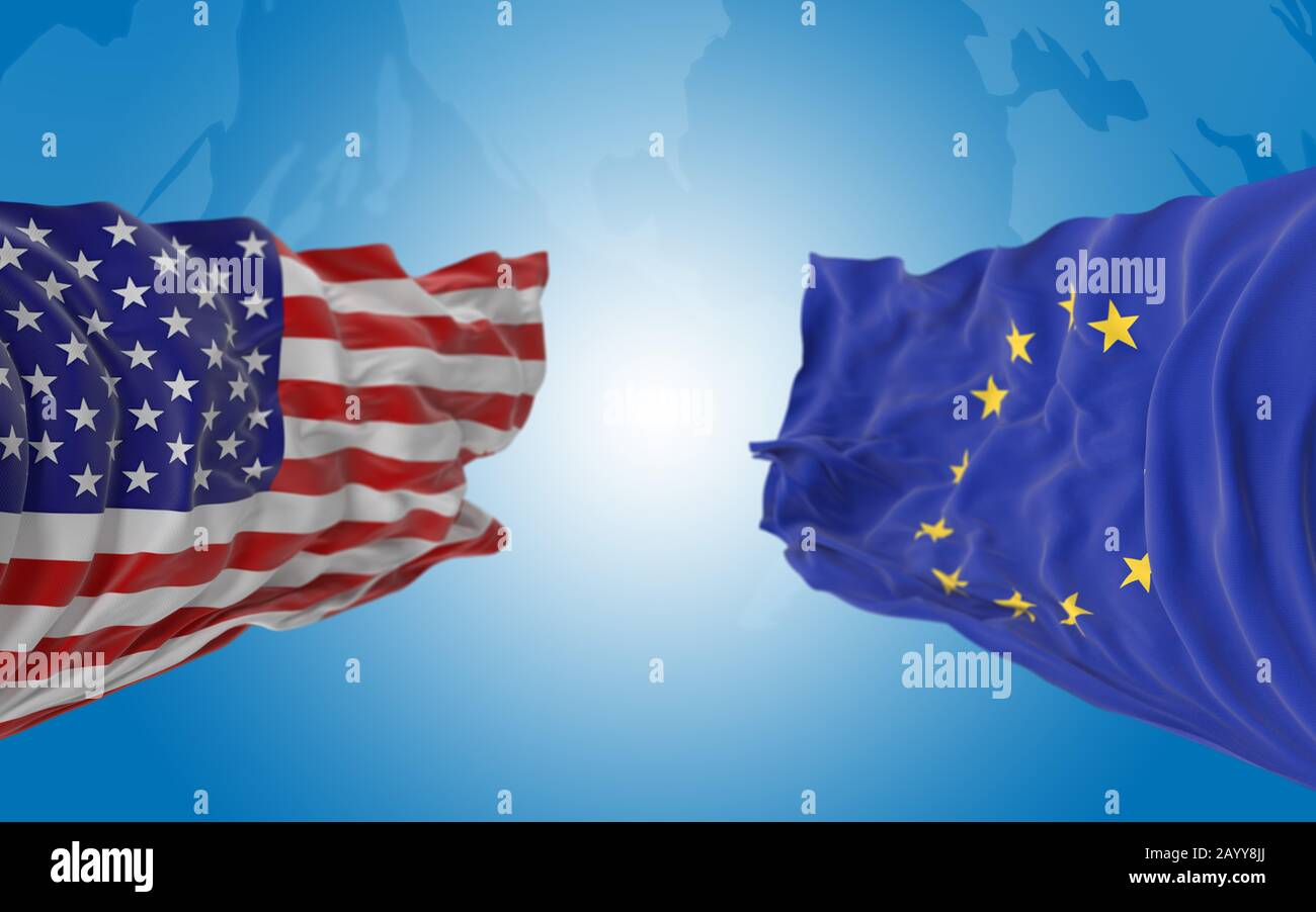 American and European Union flags are paired together and standing side ...