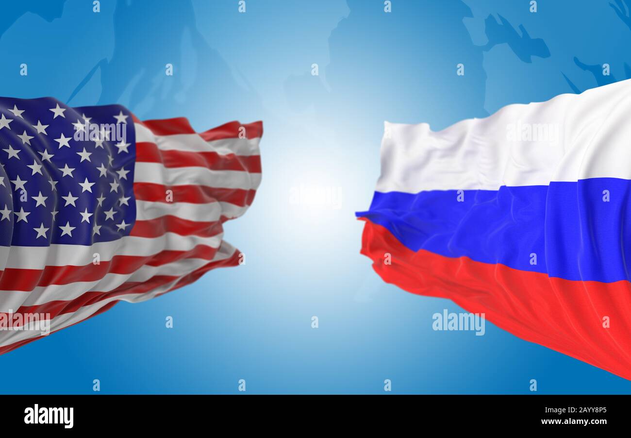 American and Russian flags are paired together and standing side by ...
