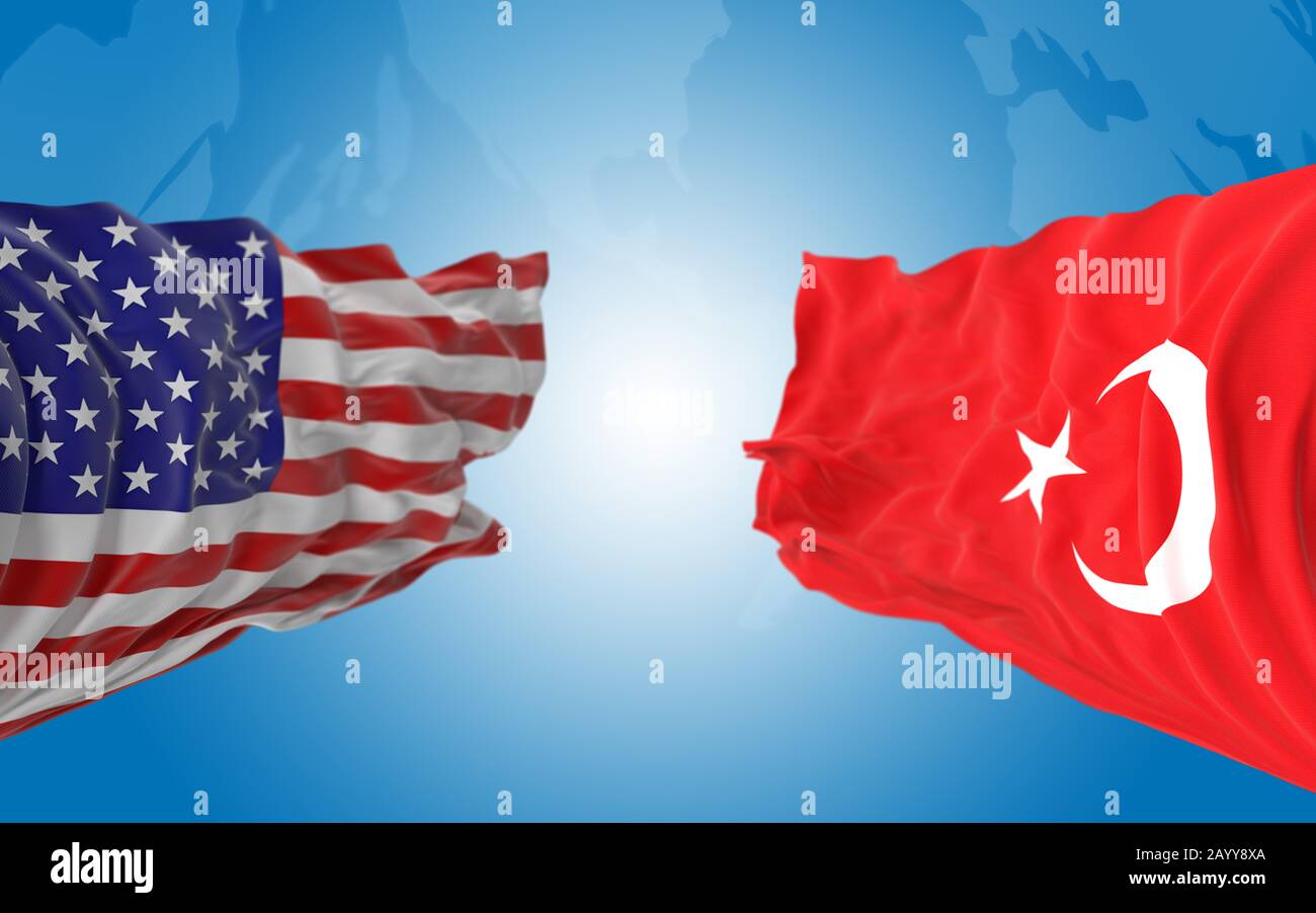 American and Turkish flags are paired together and standing side by ...