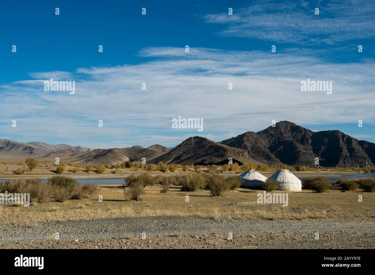 Gers along the Hovd River near the city of Ulgii (Ölgii) in the Bayan ...