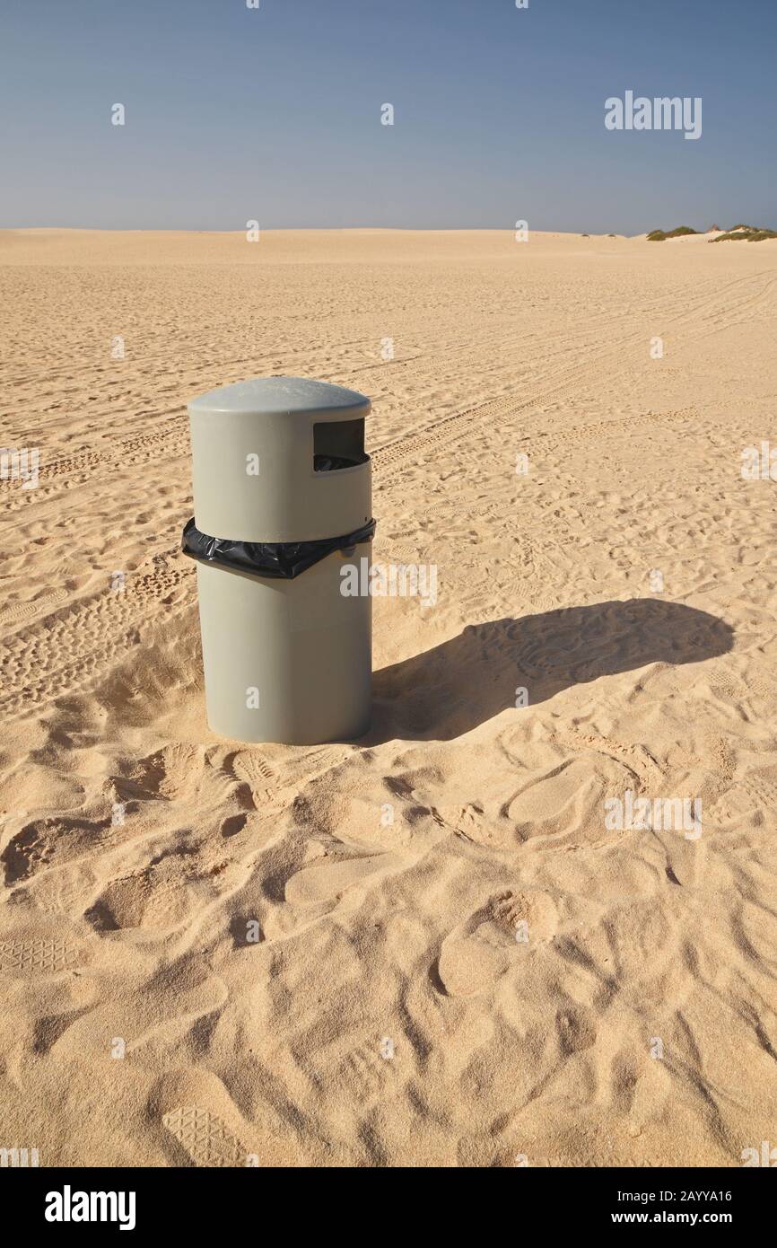 Single grey rubbish trash bin on beach on sunny day with blue sky Stock ...