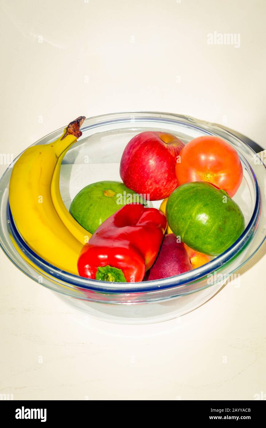 Different types of fruits and vegetables. Apple, banana, fruit basket ...