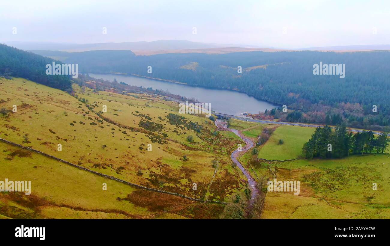 Beautiful lake at Brecon Beacons National Park in Wales - aerial ...