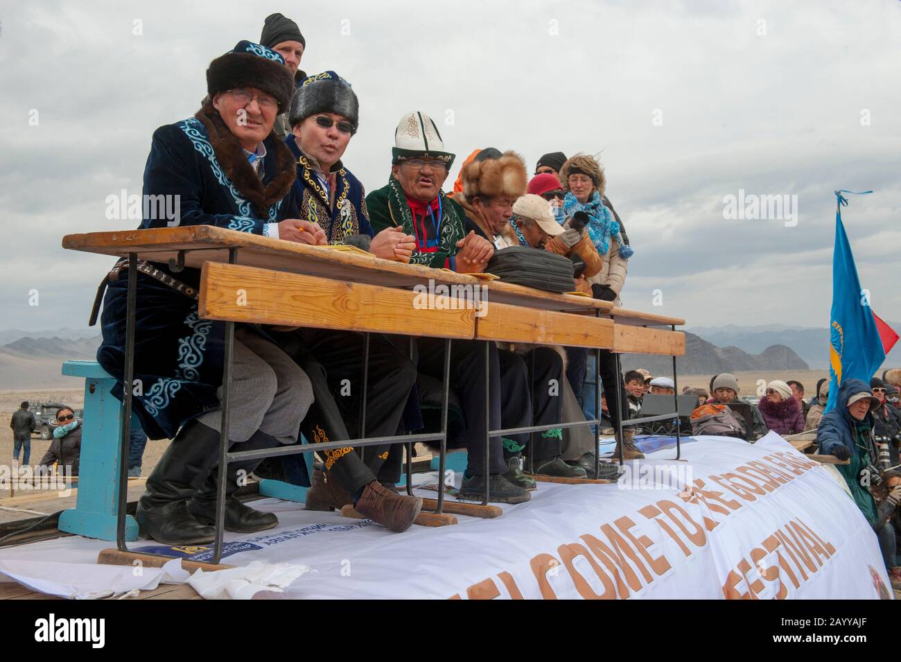The judges of the Golden Eagle Festival grounds near the city of Ulgii ...