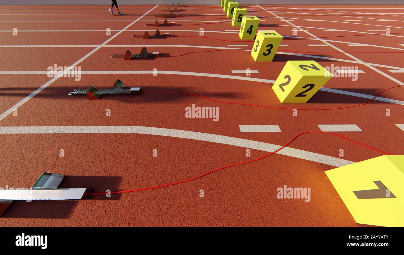 Start line athletic track with start numbers Stock Photo - Alamy