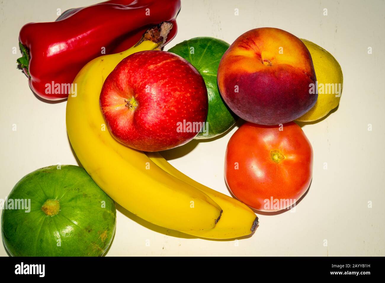 Different types of fruits and vegetables. Apple, banana, fruit basket ...