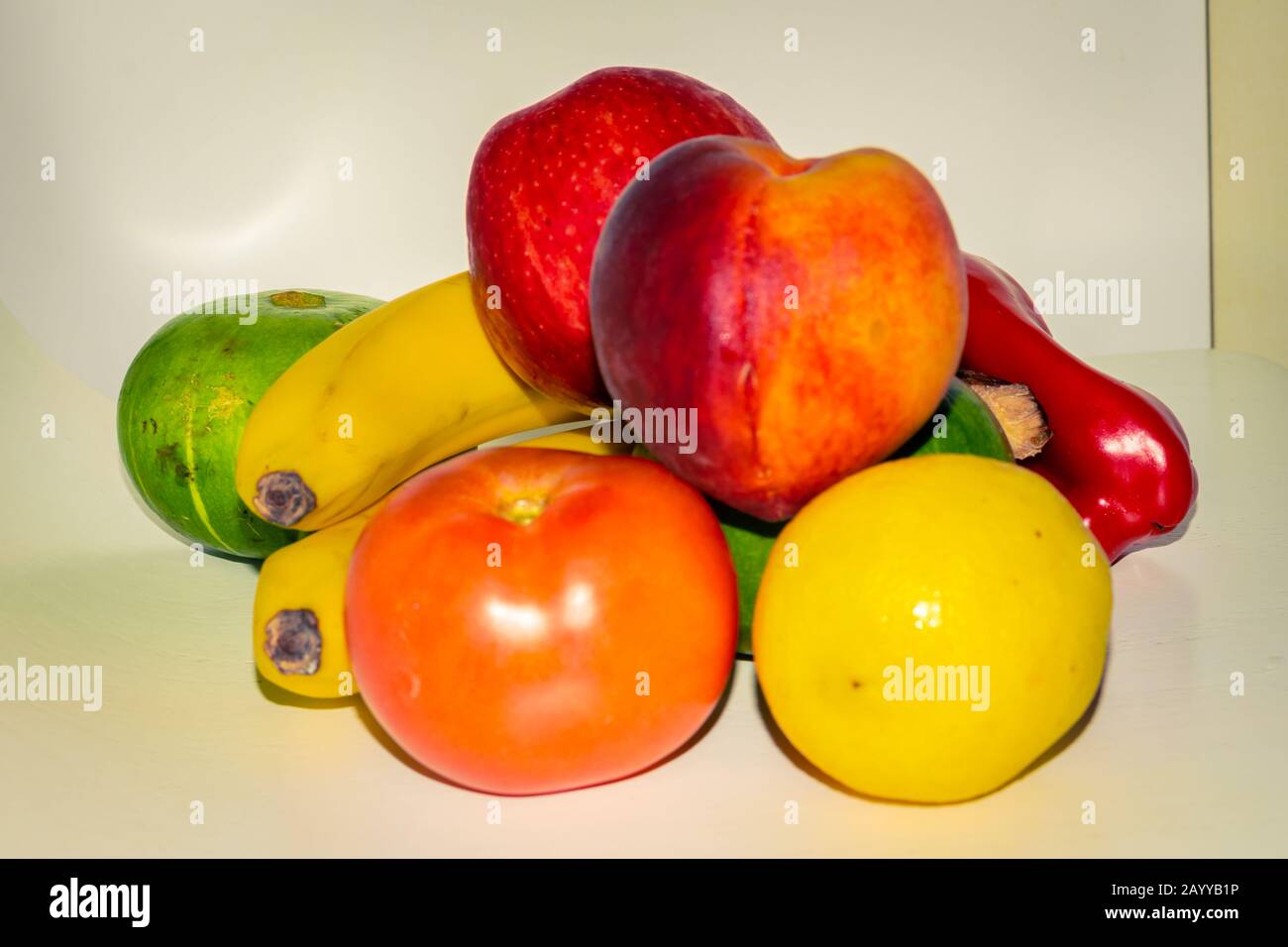 Different types of fruits and vegetables. Apple, banana, fruit basket ...
