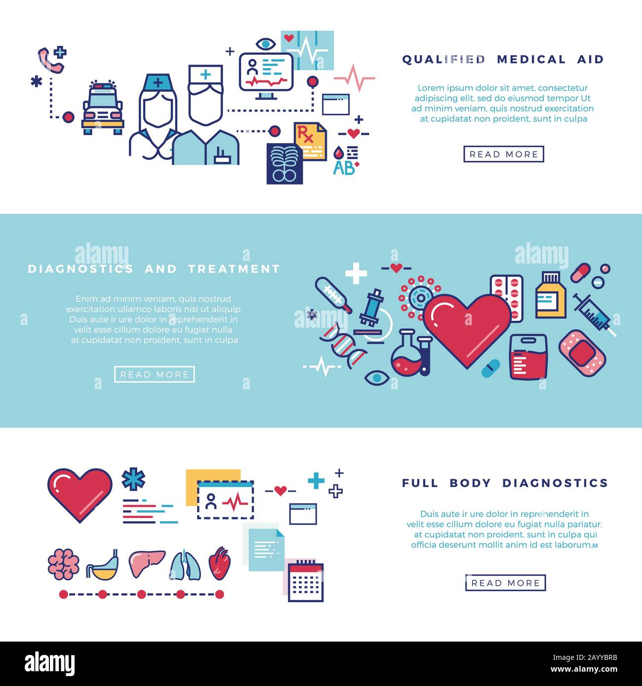 Healthcare, medical services vector banners set. Qualified aid, diagnostics and treatment ...