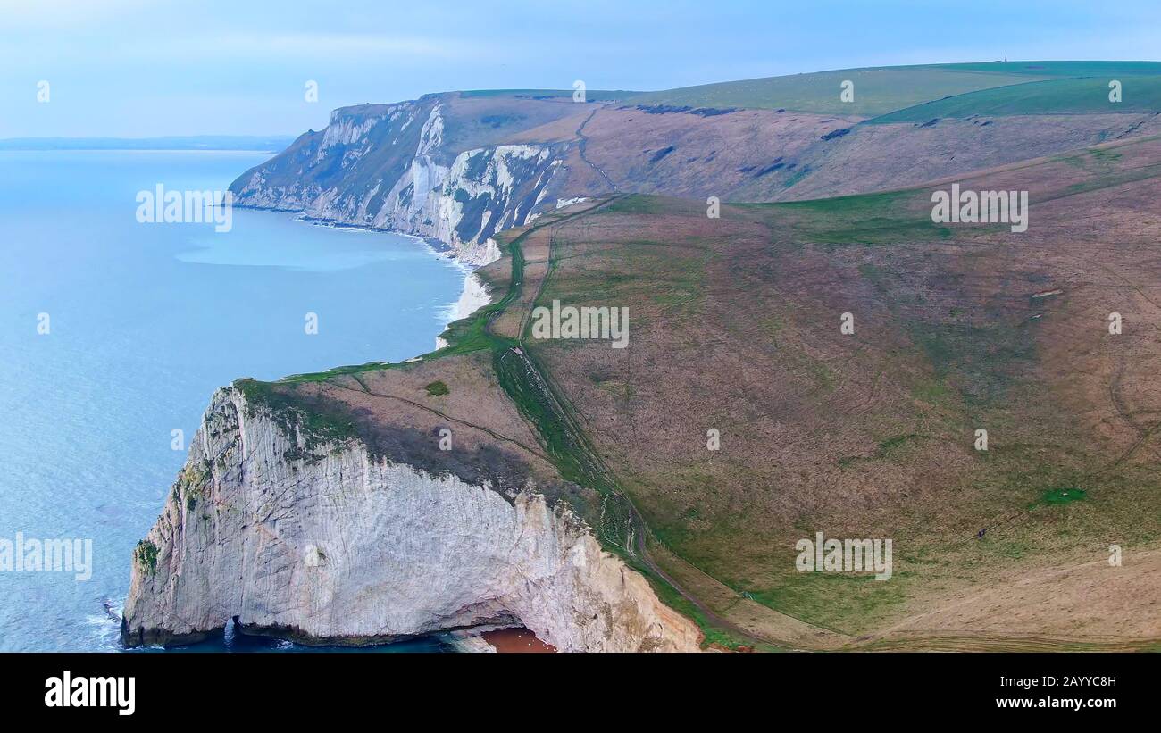 Durdle Door at the Jurassic coast in England - aerial view Stock Photo ...