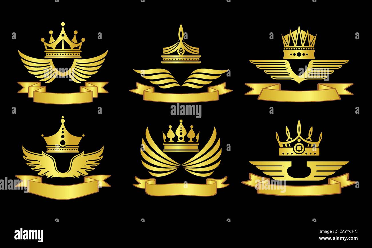 Golden emblem set with crowns and ribbons vector Stock Vector Image ...