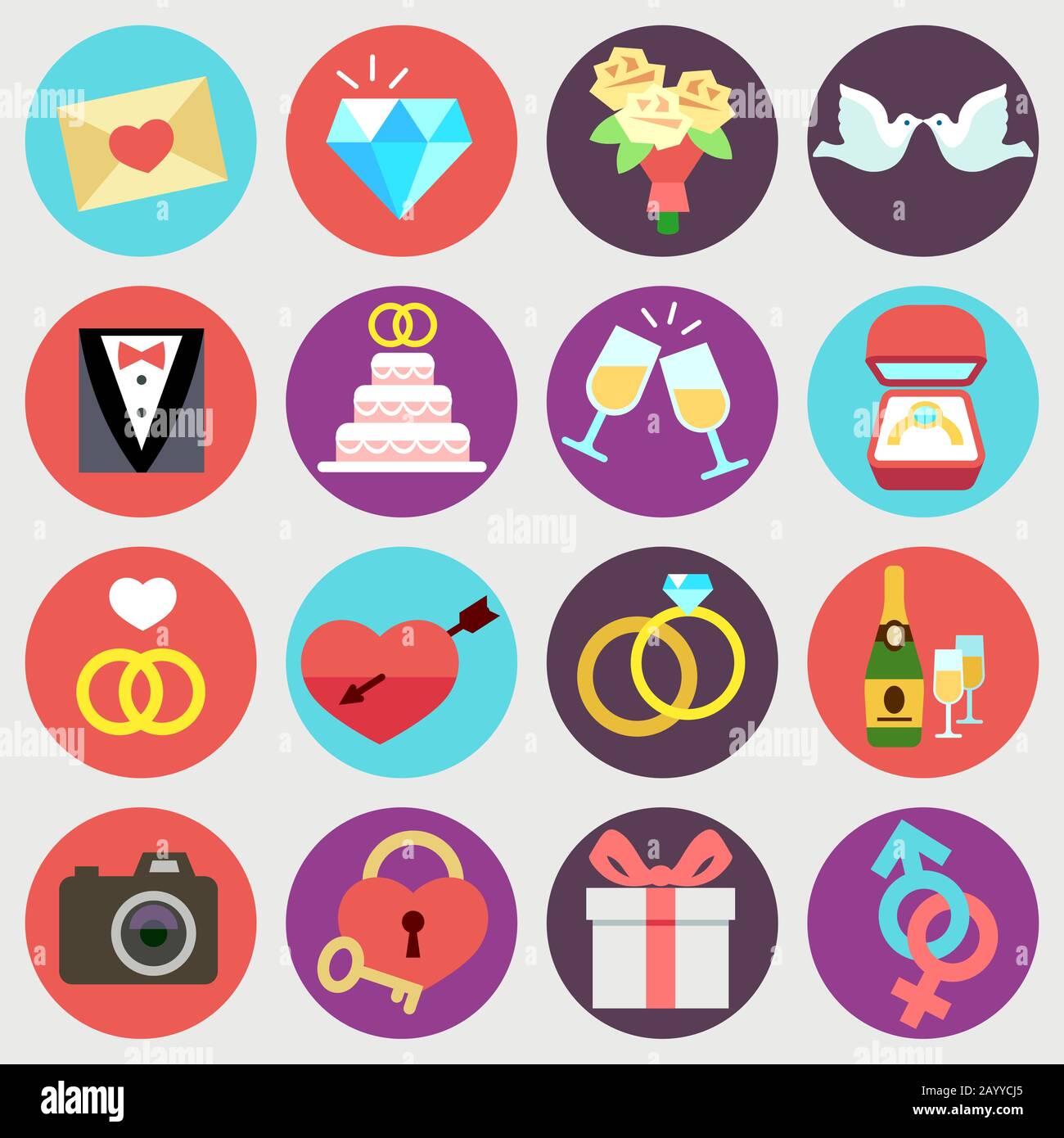 Wedding marriage bridal vector flat icons. Set of wedding elements ...