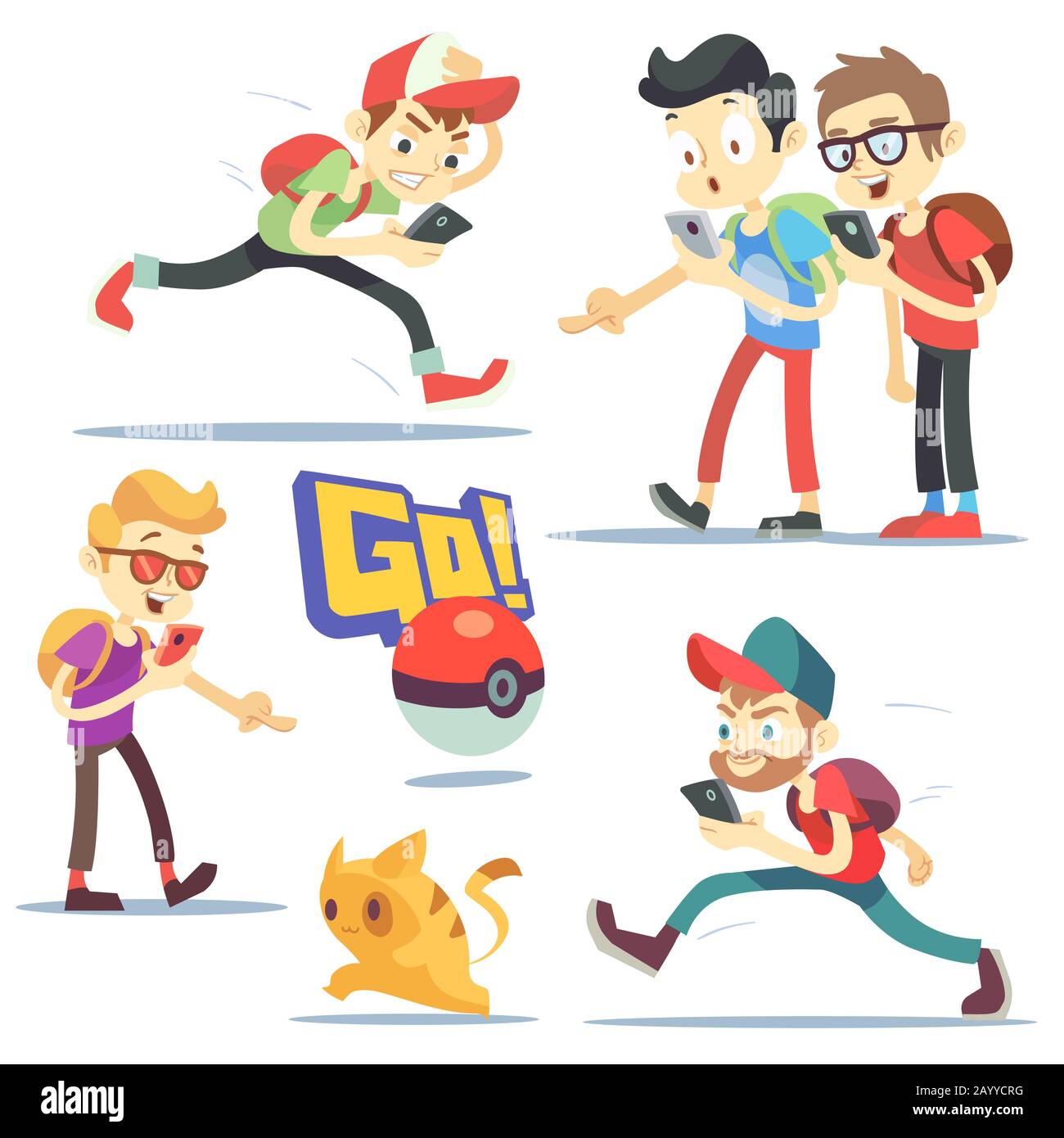 Young men players catching monsters with smartphone app game vector ...