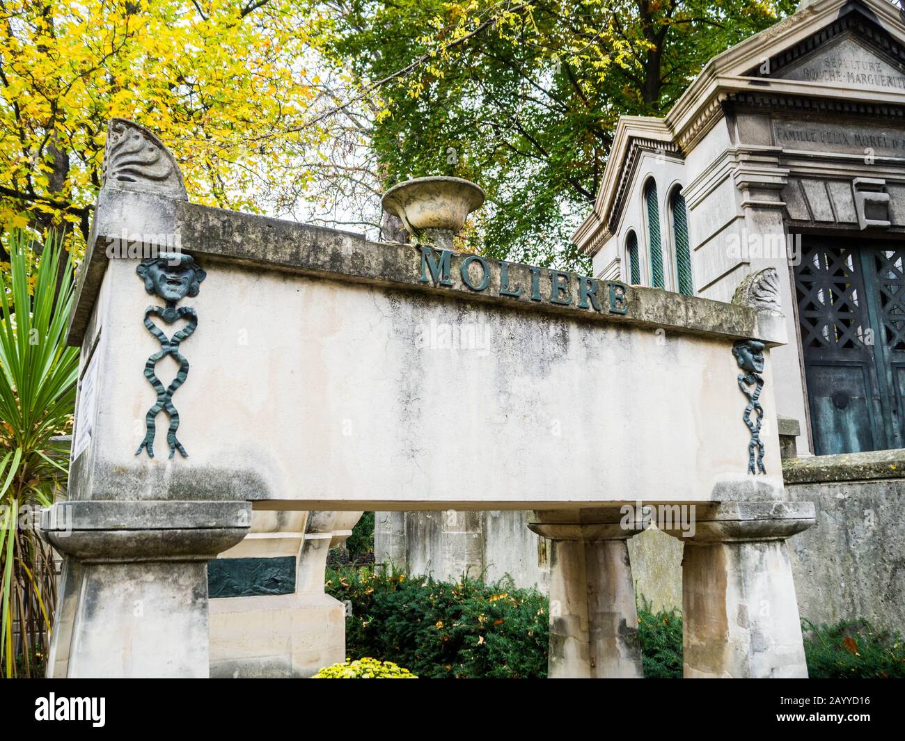 Ancient tombstone of Moliere, French playwright in white stone and ...
