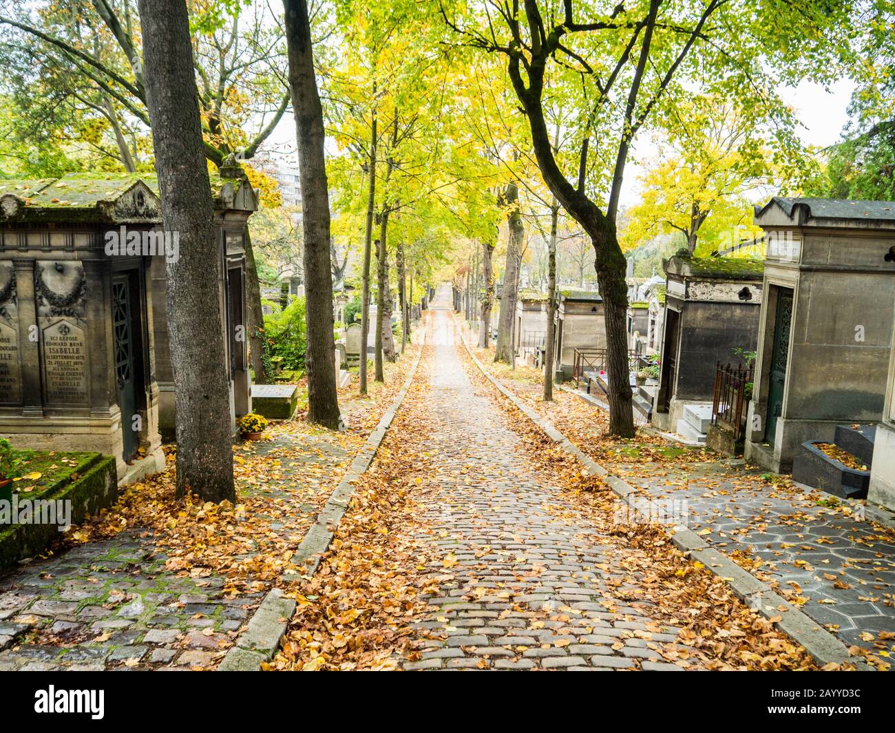 Cobblestone pathway in a monumental cemetery with funeral grey chapels ...