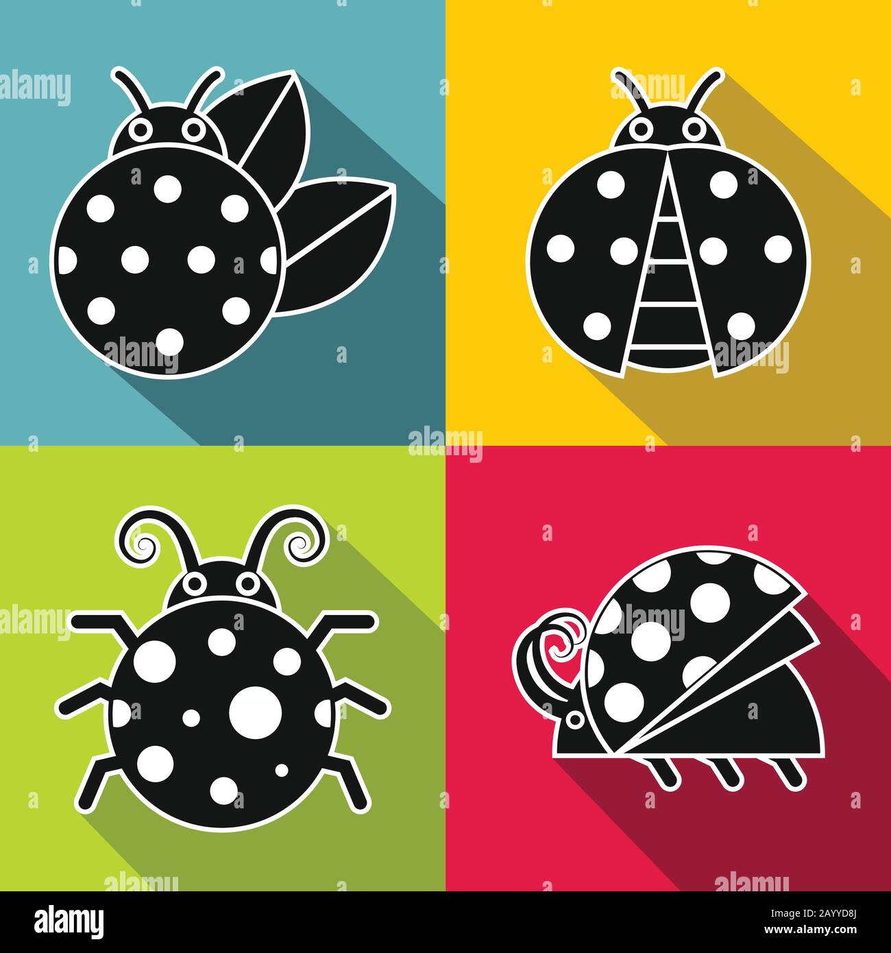 Black ladybug with white stroke on color background. Set of insects in ...