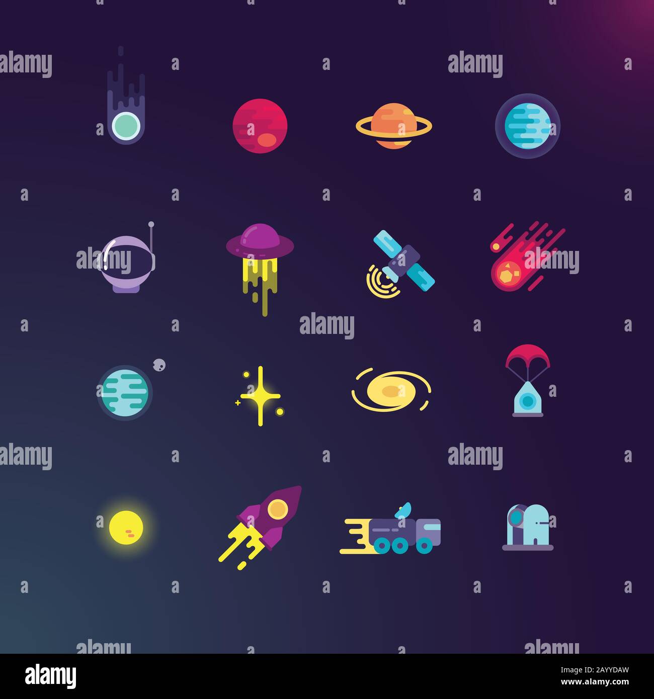 Space and vector flat icons set. Space rocket and planet, spaceship and ...