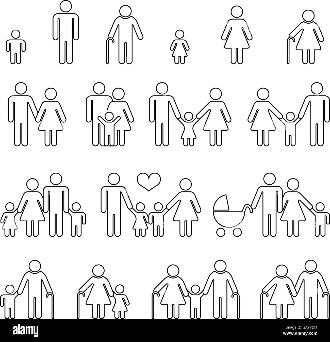 Family human thin line outline vector icons. Set of families in linear ...