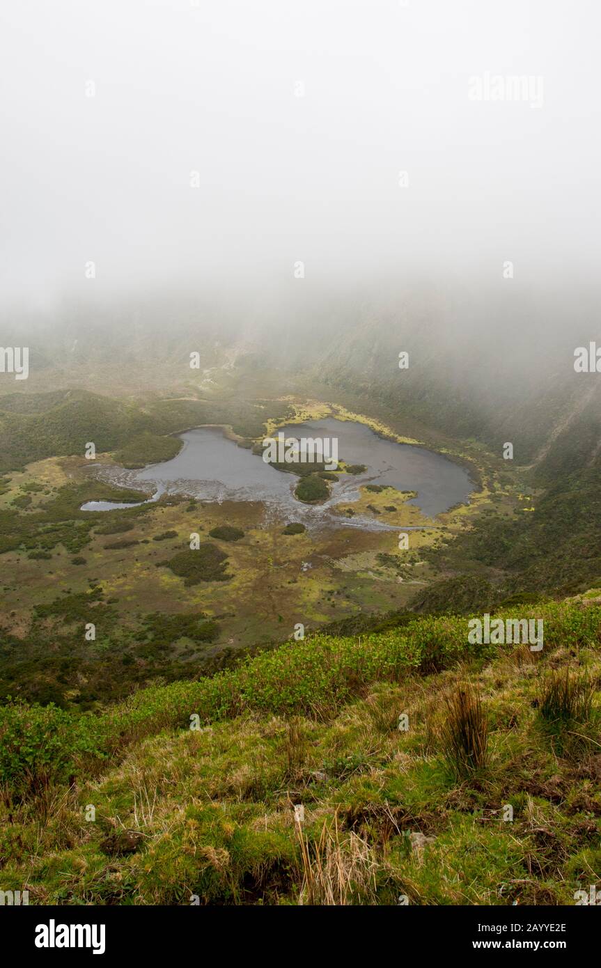 Fog is covering partially the crater (caldera) of a volcano on Faial ...