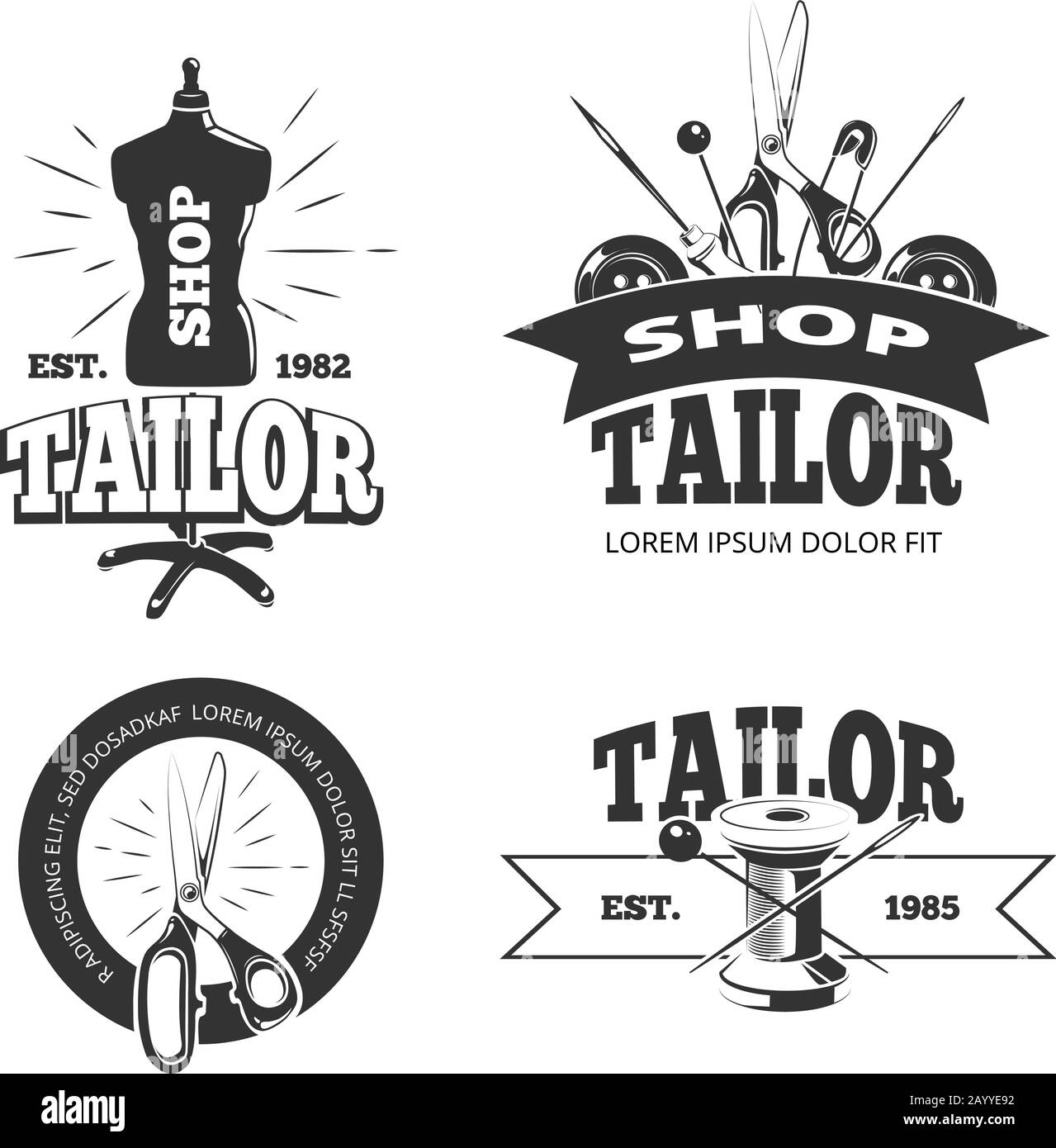 Tailor shop vector labels, badges, logos, emblems. Tailor label element ...