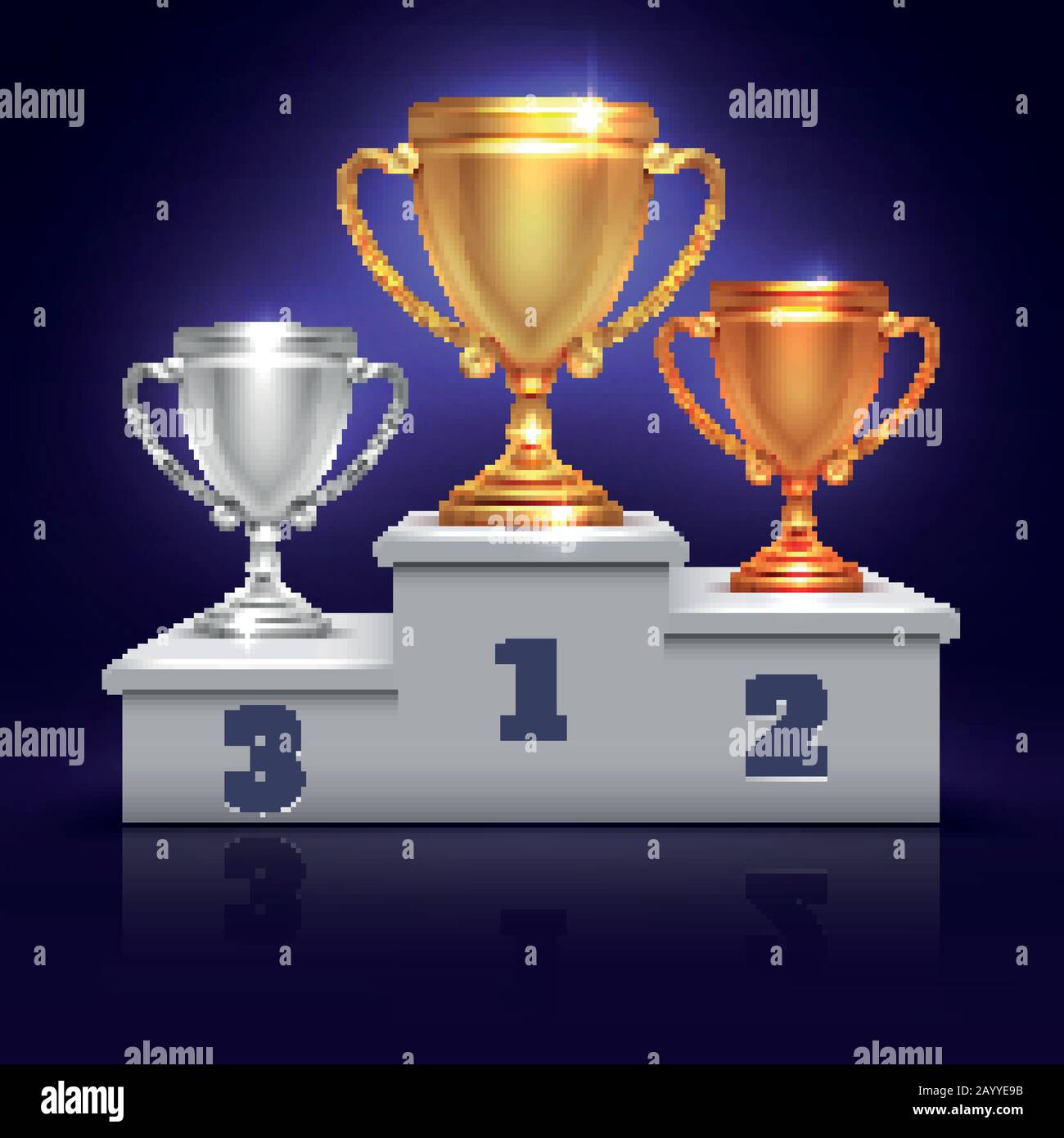 Gold, silver and bronze trophy cup, prize goblet on sport winner podium ...