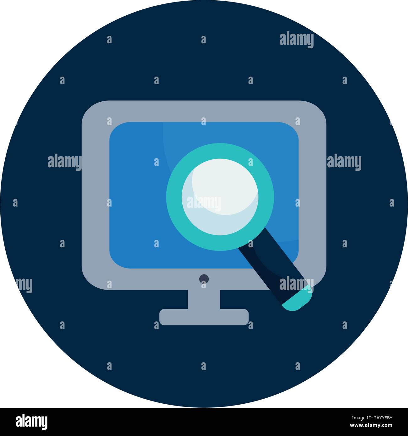 Computer and lupe flat block style icon design, Digital technology communication social media ...