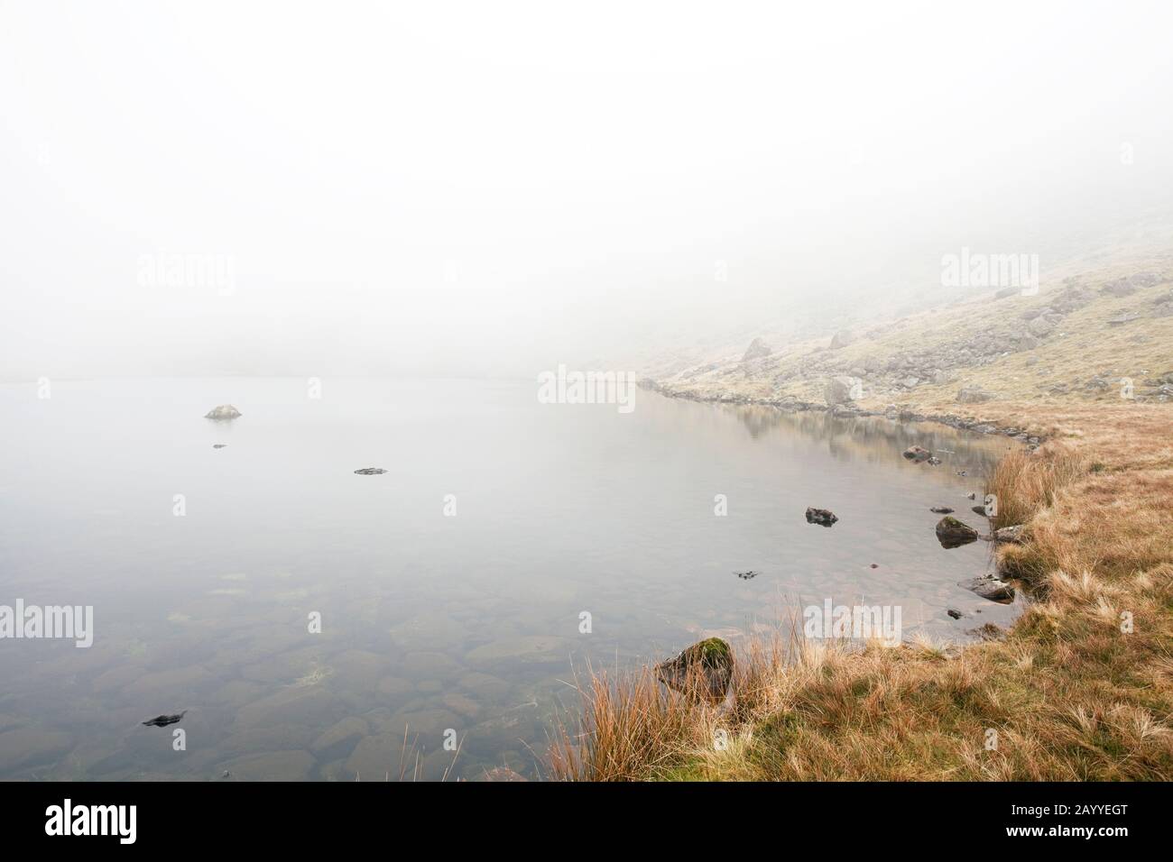 Greendale Tarn on a misty day, in the English Lake District Stock Photo ...