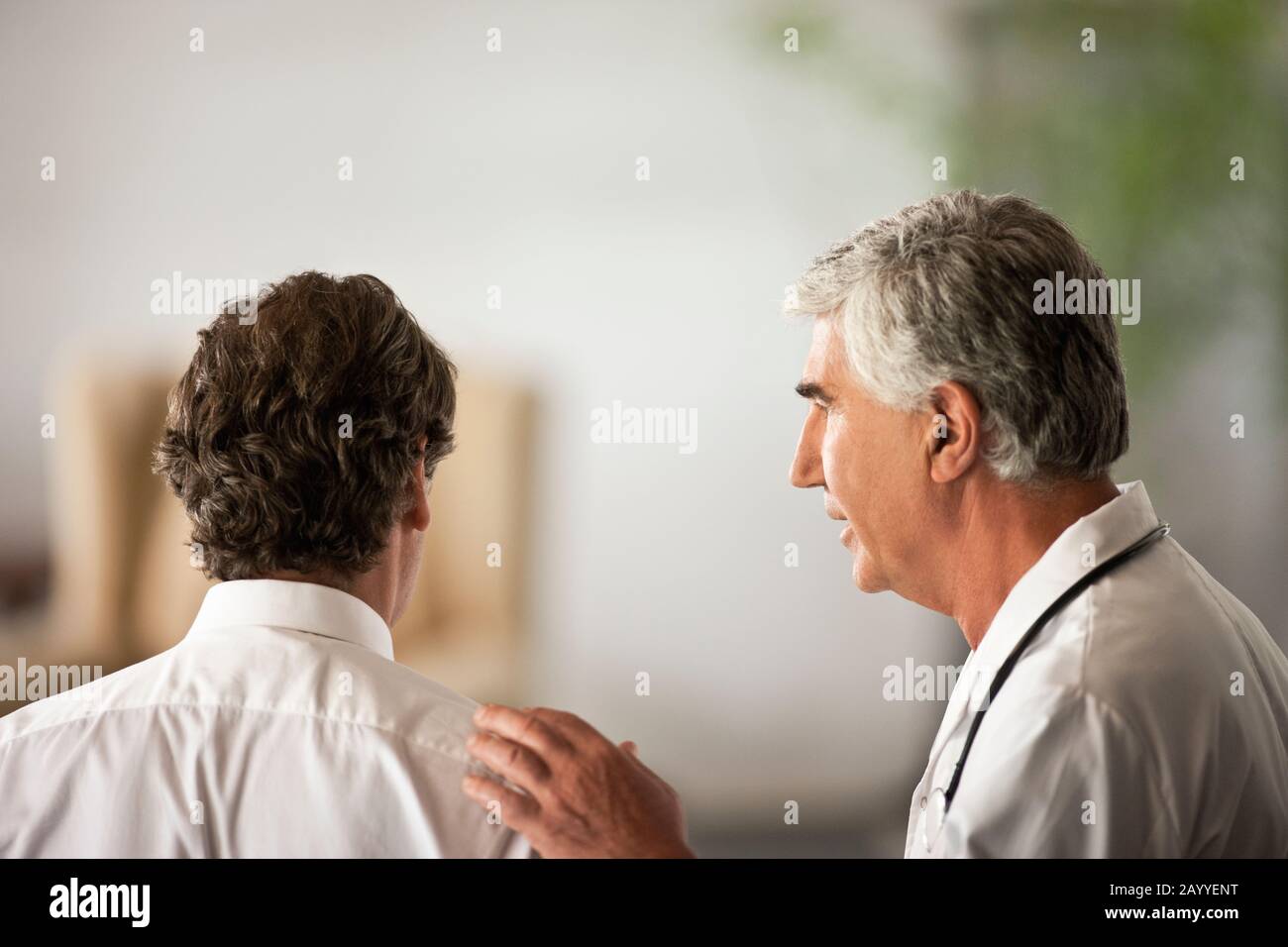 Back view two colleagues discussing hi-res stock photography and images ...