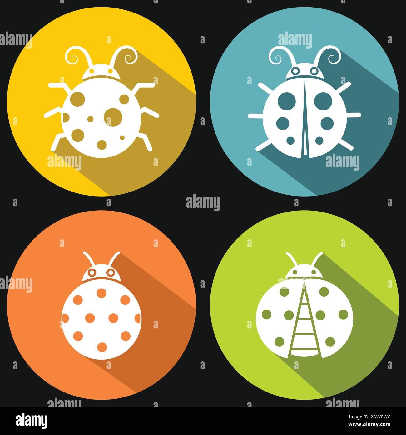 Ladybugs on yellow background with shadow. White insect in circle ...