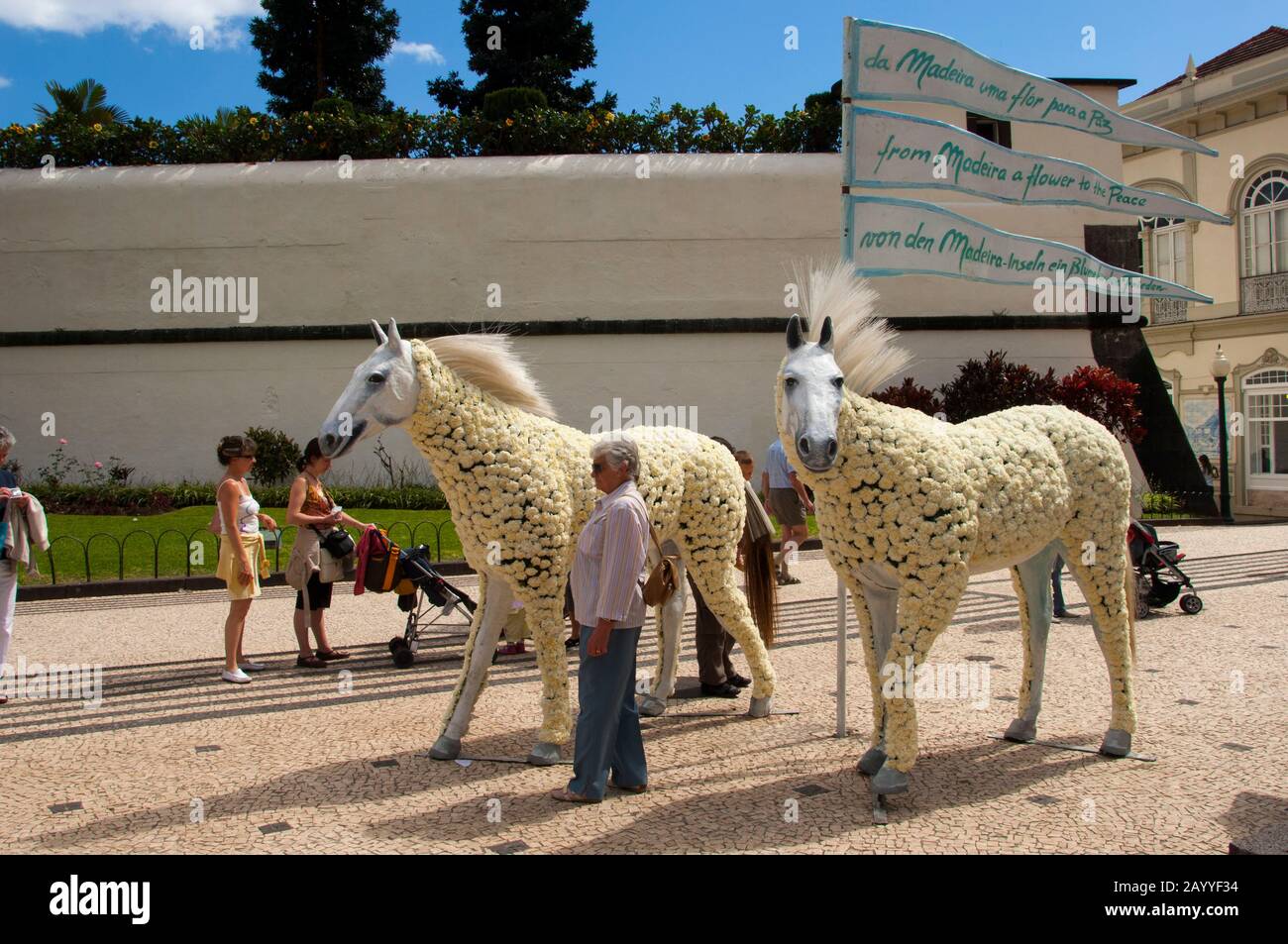 People posing with flower covered horse statues in the city of Funchal ...