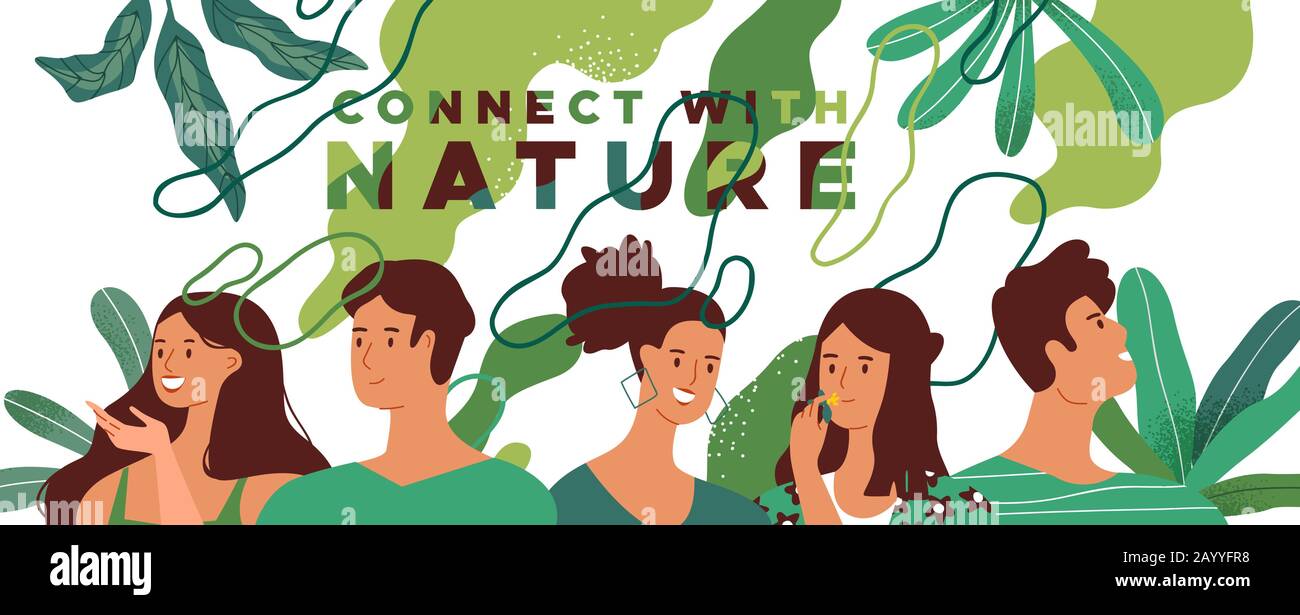 Connect with nature text quote concept and group of happy diverse ...