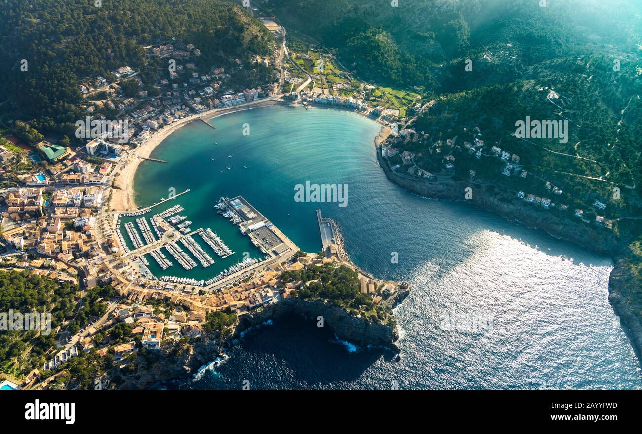 Aerial view, Port de Sóller, Port of Sóller, Sóller, Europe, Balearic ...