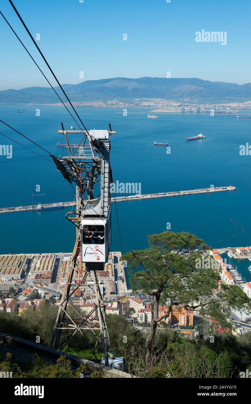 Cable car at the top of the Rock of Gibraltar, which is a British ...