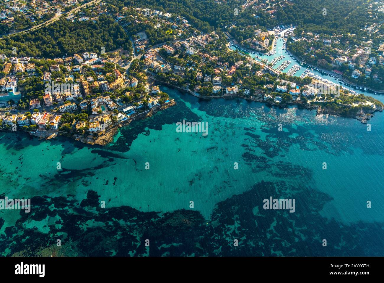 Aerial view, Port of Santa Ponsa, Calo d'en Pellicer bay and beach ...