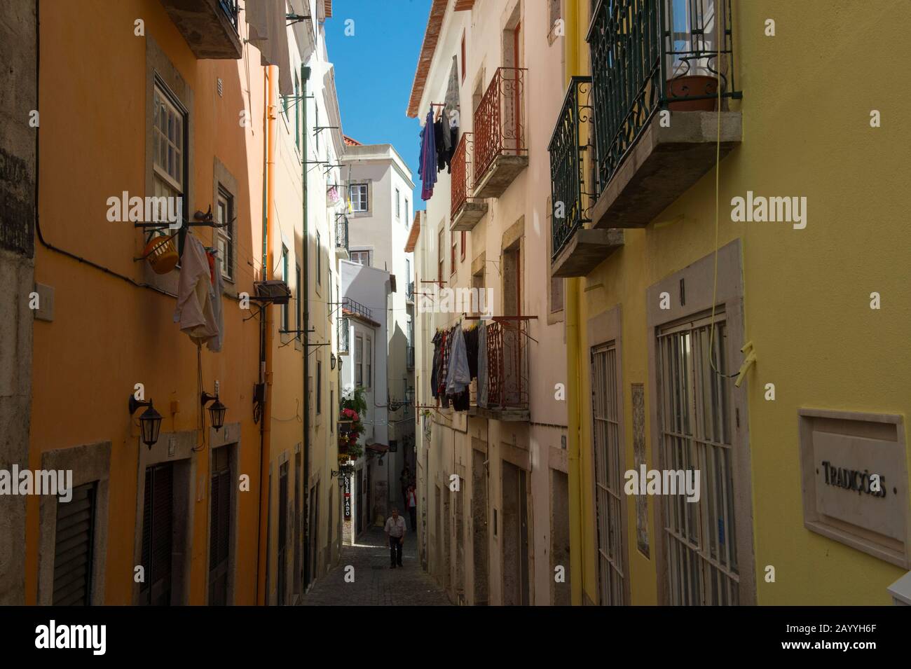 Street scene in the traditional Alfama, the old quarter of, Lisbon, the ...